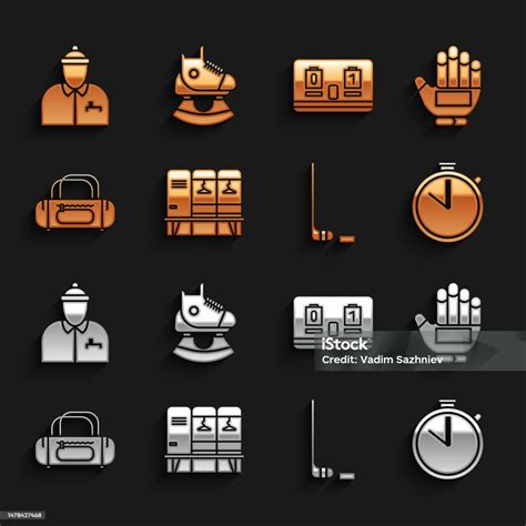 사물함 또는 탈의실 하키 장갑 스톱워치 아이스 하키 스틱 및 퍽 스포츠 가방 기계식 스코어 보드 코치 및 스케이트 아이콘을 설정합니다 벡터 가공의 인물에 대한 스톡 벡터