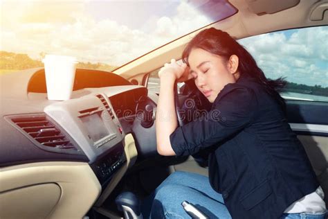 Tired Young Woman Asleep In Her Car Stock Image Image Of Automobile