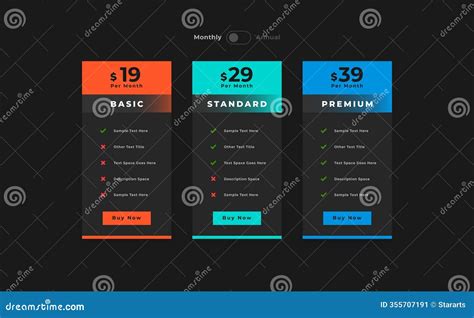3 option subscription or pricing plan table dark layout design stock