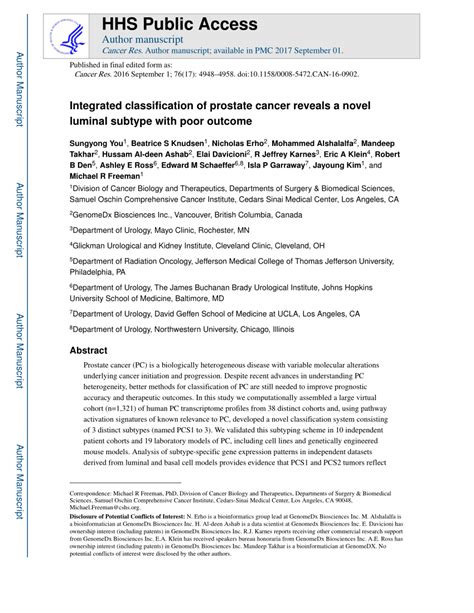 Pdf Integrated Classification Of Prostate Cancer Reveals A Novel Luminal Subtype With Poor Outcome