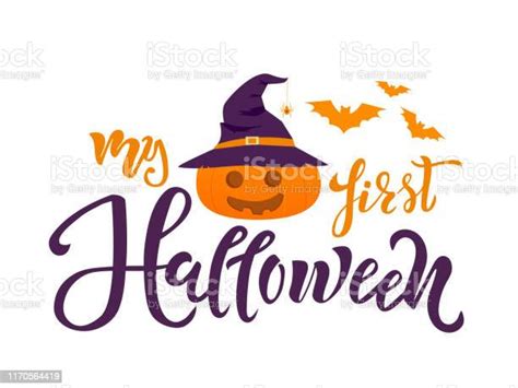내 첫 번째 할로윈 따옴표 서예 텍스트 박쥐 호박과 거미와 문자 디자인 인사말 카드 포스터 배너 아동 복용 타이포그래피 0명에 대한 스톡 벡터 아트 및 기타 이미지 Istock