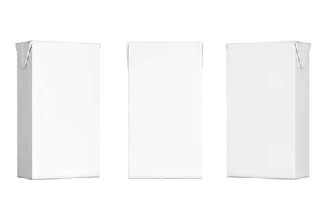 흰색 바탕에 줄무늬 빨대가 있는 빈 우유 또는 주스 판지 상자 3d 렌더링 프리미엄 사진