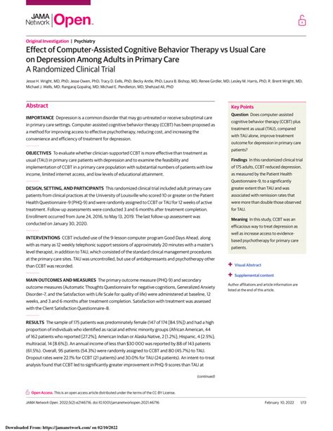 Pdf Effect Of Computer Assisted Cognitive Behavior Therapy Vs Usual