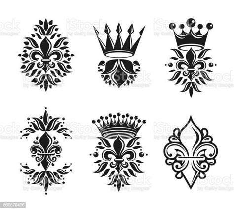 로얄 기호 백합 꽃 꽃 및 크라운 엠 블 럼 설정합니다 전 령 벡터 디자인 요소 컬렉션입니다 레트로 스타일 레이블 문장 학 아이콘입니다 고풍스런에 대한 스톡 벡터 아트 및