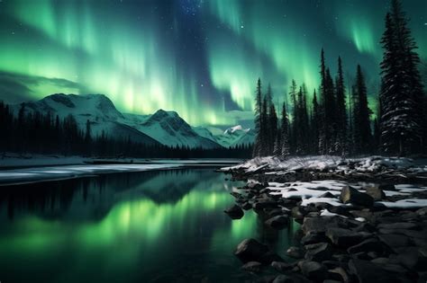 極光の夜空のオーロラを描いた超現実的な絵画 冬の夜の風景 オーロラと水面の反射 驚くべき自然の背景写真 プレミアム写真