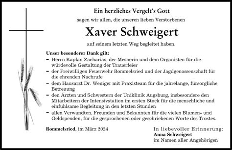 Traueranzeigen Von Xaver Schweigert Augsburger Allgemeine Zeitung