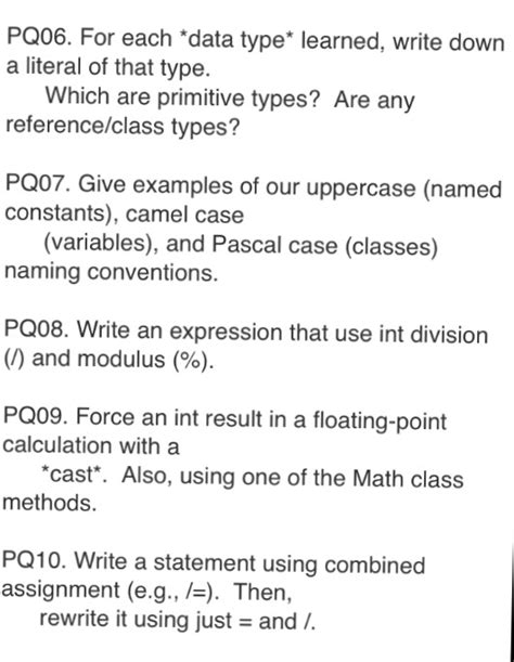 solved for each data type learned write down a literal of