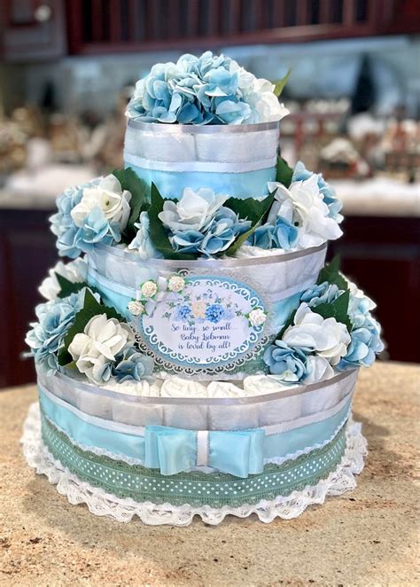 Blue Hydrangea Diaper Cake Wplush Bear Pacifiers Brushcomb