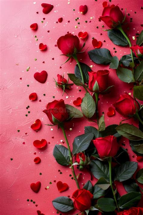 Romantic Valentine Day Red Roses Arrangement With Heart Shaped Confetti