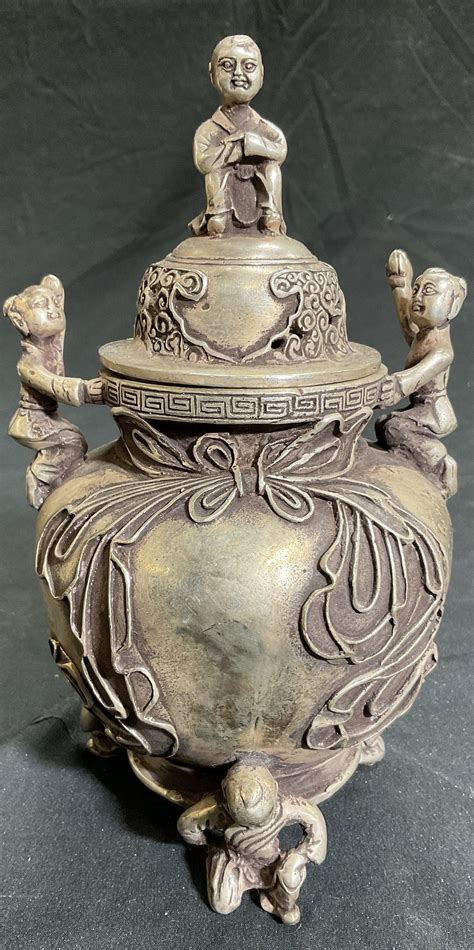 Signed Silvered Brass Lidded Asian Incense Burner Auction