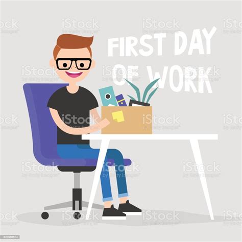 작품의 첫날입니다 젊은 문자를 편지지 평면 편집 상자를 들고 그림 클립 아트 벡터 Z세대에 대한 스톡 벡터 아트 및 기타 이미지 Z세대 건강관리와 의술 경영자