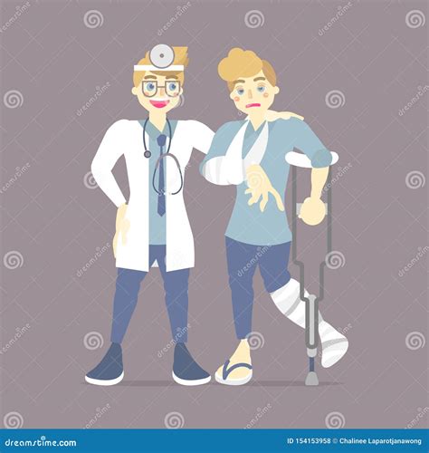 Sad Patient With Cast On Broken Leg And Arm Bone Holding Crutch