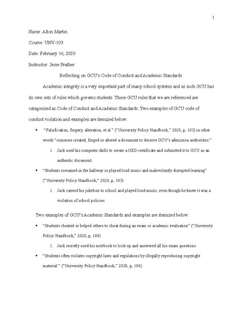 Unv103 Gcu Academic Standards Assignment Name Alton Martin Course Unv Date February 16