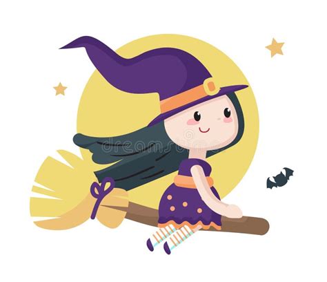 Cute Cartoon Halloween Witch Character Flying On Broom Stock Vector