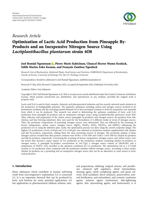 Pdf Optimization Of Lactic Acid Production From Pineapple By Products