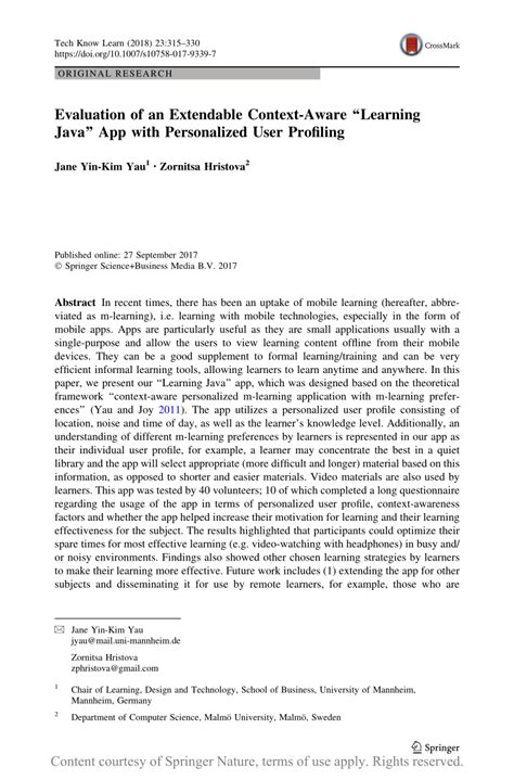 Evaluation Of An Extendable Context Aware “learning Java” App With Personalized User Profiling