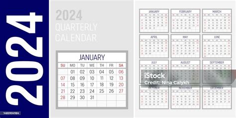 달력 2024 년 한 주가 일요일에 시작됩니다 달력 그리드 월간 분기별 달력 플래너 2024년에 대한 스톡 벡터 아트 및 기타