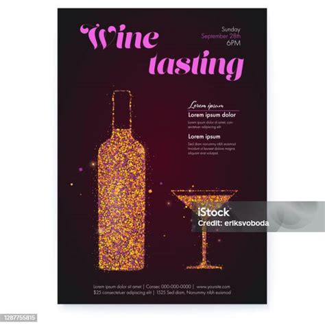 텍스트 디자인이 있는 와인 시음 이벤트 포스터 와인 잔과 병의 실루엣 유리와 병 모양의 반짝이는 입자를 색칠합니다 축제 나 액션을위한 현대적인 벡터 템플릿 가리기에 대한