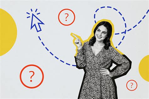 행복 아름 다운 소녀 포인트 손가락 커서 웹 페이지 검색 화살표 인터넷 기술의 복합 사진 콜라주 페인트 배경에 고립 20 24세에 대한 스톡 사진 및 기타 이미지 Istock