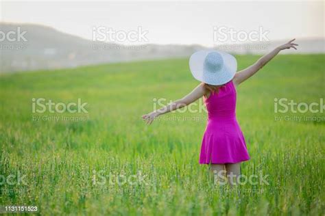 푸른 하늘 복사 공간 녹색 필드에 다시 시골 Rustick 자연 장소 서 서 아름 다운 젊은 여자 개념에 대한 스톡 사진 및