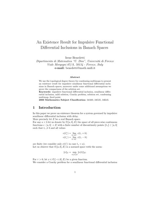 Pdf An Existence Result For Impulsive Functional Differential Inclusions In Banach Spaces