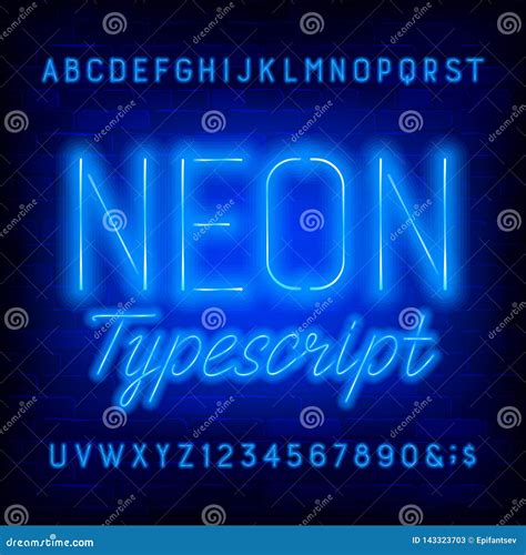 Blue Neon Alphabet Font Simple Light Bulb Letters And Numbers Stock