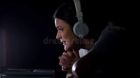 Nervous Girl In Headset Watching Online Betting Site At Night Eager To Win Stock Image Image