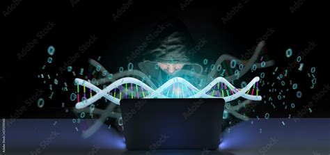 hacker activating a 3d rendering data coded dna with binary file around