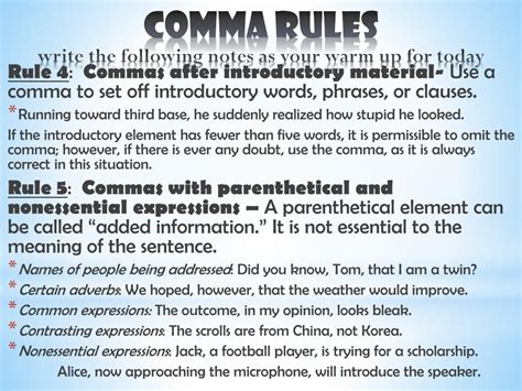 PPT Comma Rules Write The Following Notes As Your Warm Up For Today PowerPoint Presentation