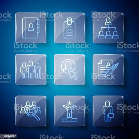 검색 작업 생산적인 인간 사업가 직원 계층 구조 작업자 프로젝트 팀 기반 이력서 및 아이콘에 대한 라인 돋보기를 설정합니다 벡터 개념에 대한 스톡 벡터 아트 및 기타 이미지