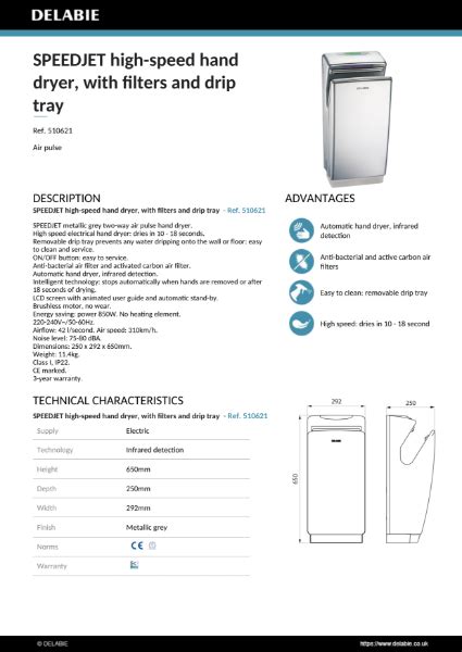 Speedjet High Speed Hand Dryer Data Sheet Delabie Uk Ltd Nbs Source