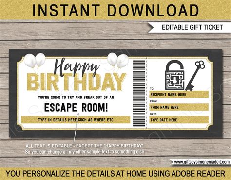 Escape Room Ticket Template Printable Birthday Game Gift Etsy Canada