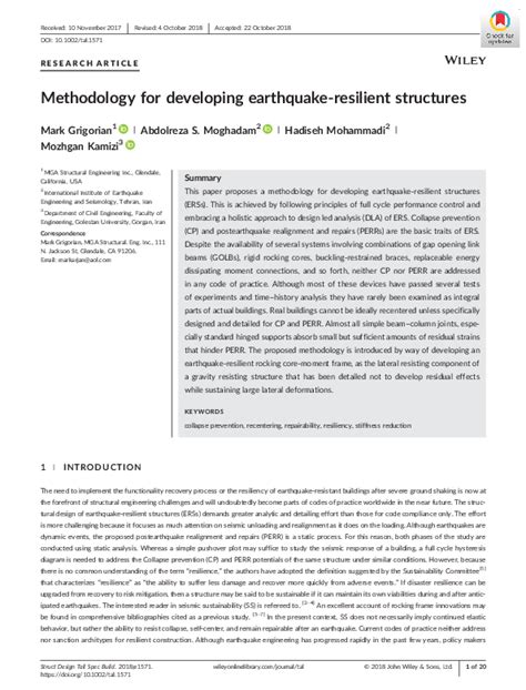 Pdf Methodology For Developing Earthquake‐resilient Structures