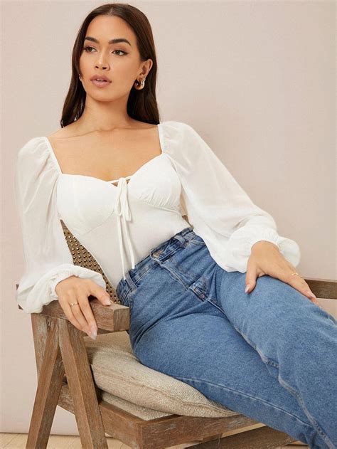 Tie Front Lantern Sleeve Bodysuit Comfy Jumpsuits