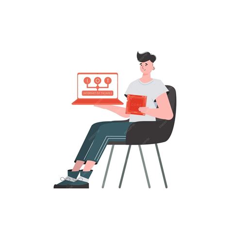 Premium Vector A Man Holds A Laptop And A Processor Chip In His Hands Internet Of Things