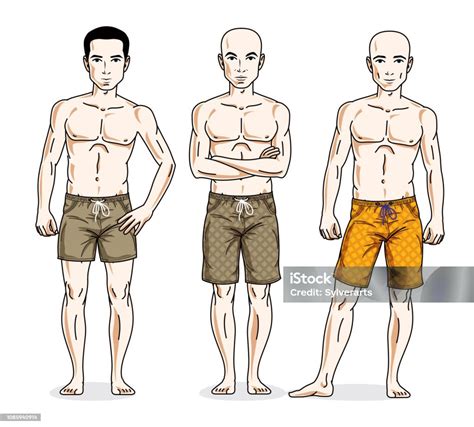 완벽 한 시체와 함께 서 있는 잘생긴 남자 입고 비치 반바지 벡터 사람 그림을 설정합니다 라이프 스타일 테마 남성 캐릭터입니다