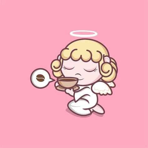 Premium Vector Cute Cartoon Angel Enjoying Coffee