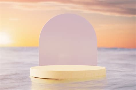 해변과 일몰 하늘 추상적인 배경에 제품 전시 프리젠테이션을 위한 복사 공간이 있는 3d 연단 열대 여름과 휴가 개념 그래픽 아트 디자인 받침대에 대한 스톡 사진 및 기타