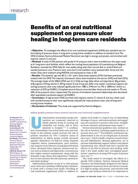 Pdf Benefits Of An Oral Nutritional Supplement On Pressure Ulcer Healing In Long Term Care