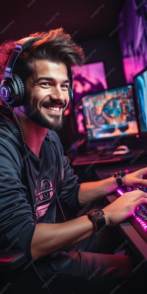Premium Ai Image Gaming Computer Setup Rgb Lighting Man Sitting On