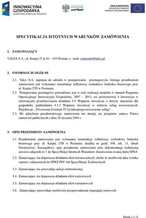 SPECYFIKACJA ISTOTNYCH WARUNKÓW ZAMÓWIENIA PDF Darmowe pobieranie