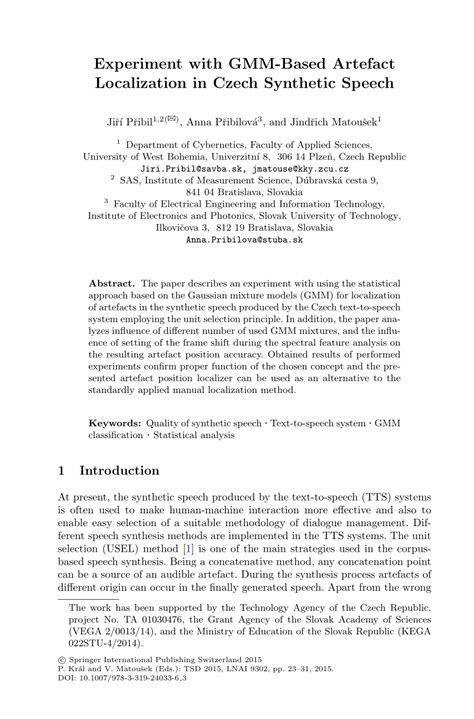 Pdf Experiment With Gmm Based Artefact Localization In Czech Synthetic Speech