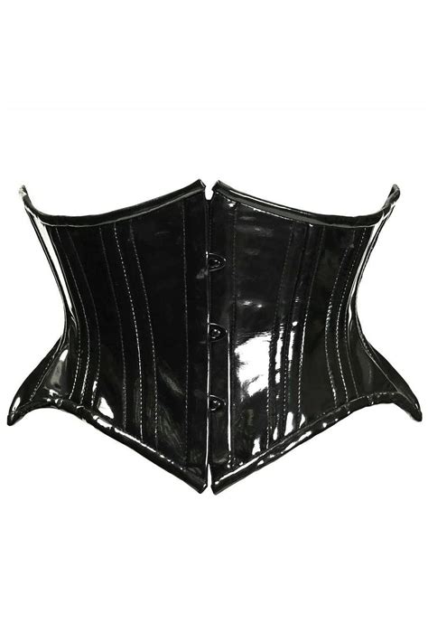 Top Drawer Black Patent Pvc Vinyl Double Steel Boned Curvy Cut Waist