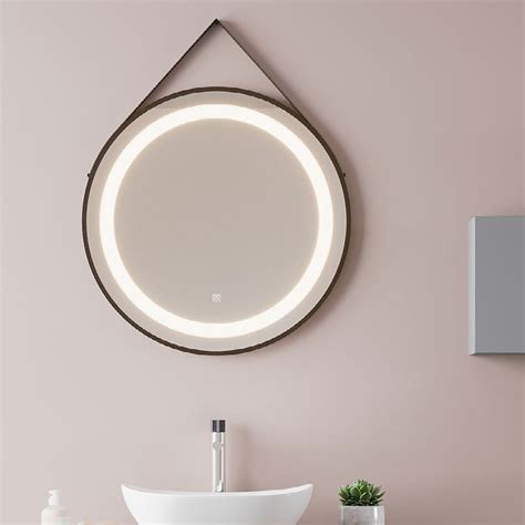 Specchio Tondo Touch Con Cinghia In Pelle E Luce Led Integrata Diametro
