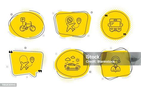 비행기 자전거 주차 및 비행 판매 아이콘 세트 버스 자동차 여행 및 배송 지원 표지판 벡터 가방에 대한 스톡 벡터 아트 및 기타 이미지 Istock