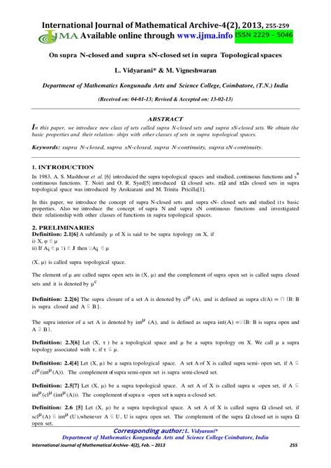 Pdf On Supra N Closed And Supra Sn Closed Set I N Supra Topological Spaces
