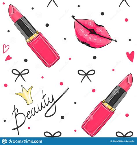 Cartoon Valentines Girl Seamless Pattern With Pink Lipstick Lips And