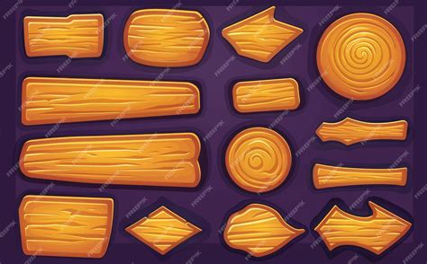 Set Of Game Ui Wooden Button Kit With Modern Illustrations For Gui
