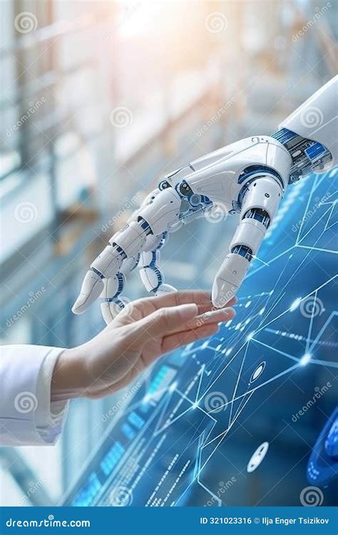 Robot And Human Hands Touching With Big Data Network Connection In The Background Stock