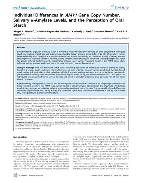 Pdf Individual Differences In Amy1 Gene Copy Number Salivary α